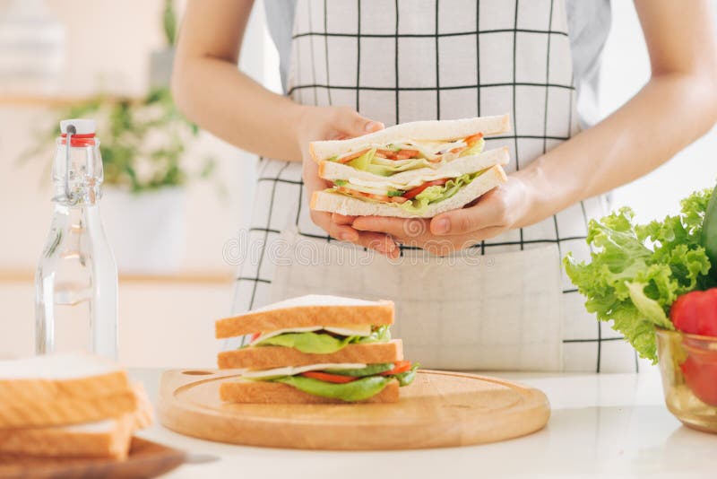 Hands of Woman Prepare Sandwich at Home Stock Image - Image of lettuce ...
