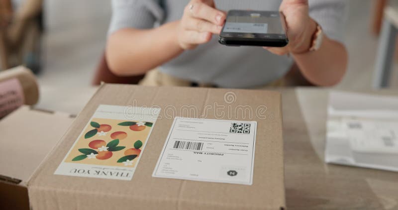 Hands, Woman and Scan Box with Smartphone for Dropshipping in Office ...