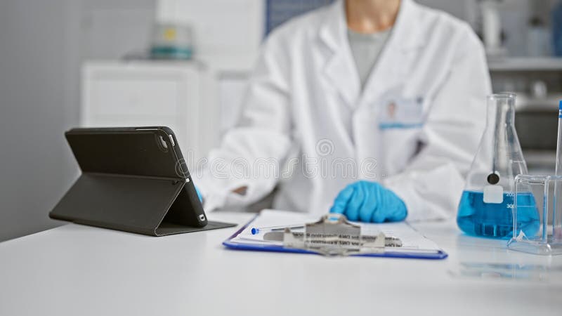 Hands of Woman Scientist Using Touchpad at Laboratory Stock Photo ...