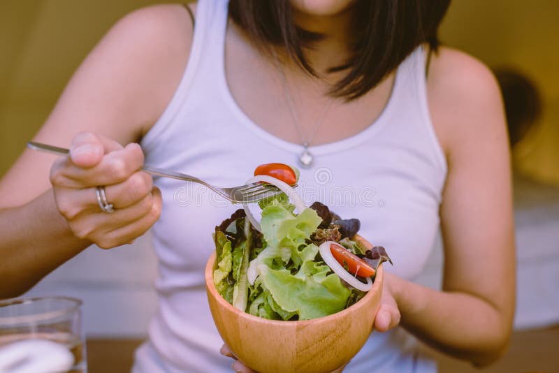 Hands Woman Using Fork for Eat Breakfast Salad Healthy,Clean Eating and ...