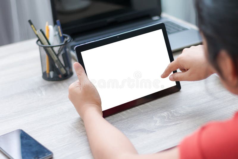Hands of Woman Using Table on Wooden Table Stock Photo - Image of ...
