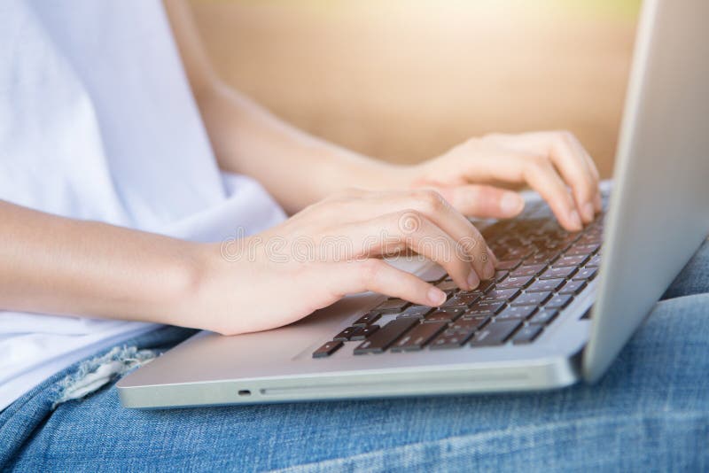 Hands of a Woman Working with Computer,outdoor Stock Photo - Image of ...