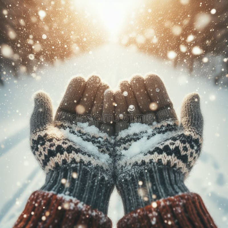 Hands with Woolen Gloves and Falling Snow. Winter Time Stock Image ...