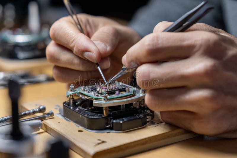 Hands Work Meticulously with Precision Tools To Assemble a Partially ...