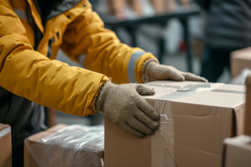 Hands of a Worker Moving Cardboard Boxes in a Warehouse, Packing Boxes ...