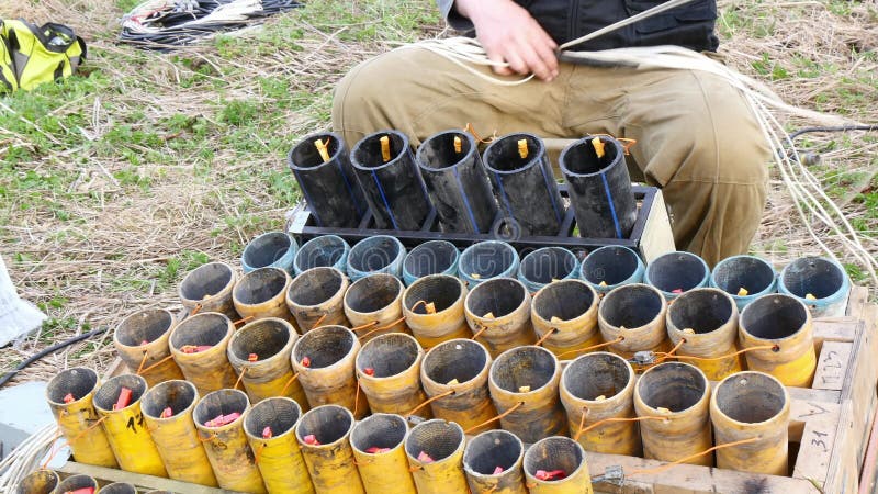 Hands of Worker Prepare of Pyrotechnical Equipment for Fireworks. Stock ...