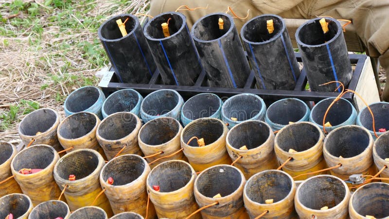 Hands of Worker Prepare of Pyrotechnical Equipment for Fireworks. Stock ...