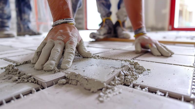 Worker Laying Ceramic Tile Floor at a Construction Site, Closeup ...