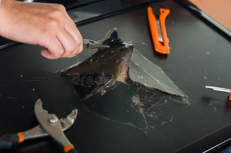 Hands Working on Broken Computer Screen Using Stock Image - Image of ...