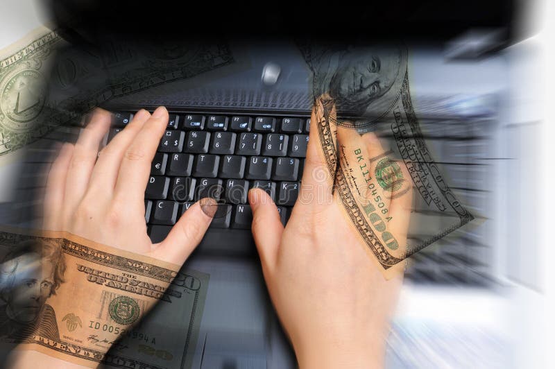 Hands Working on Computer with Money Around Stock Photo - Image of info ...