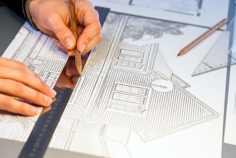 Hands Working on Construction Layout Project. Stock Image - Image of ...