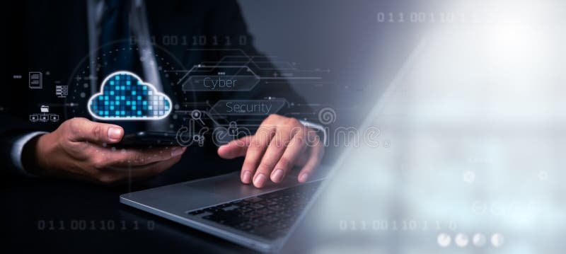 Hands Working on Cybersecurity with Cloud Storage and Protection Hologram on a Laptop and ...