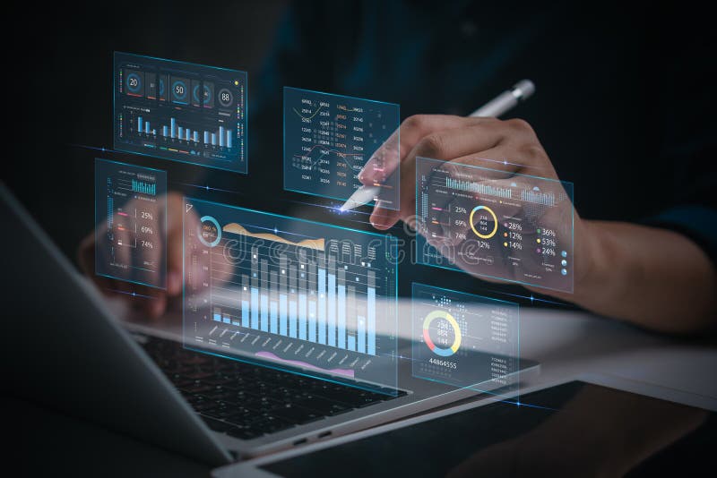 Hands Working on Financial Data Analysis on a Laptop, Digital Charts ...