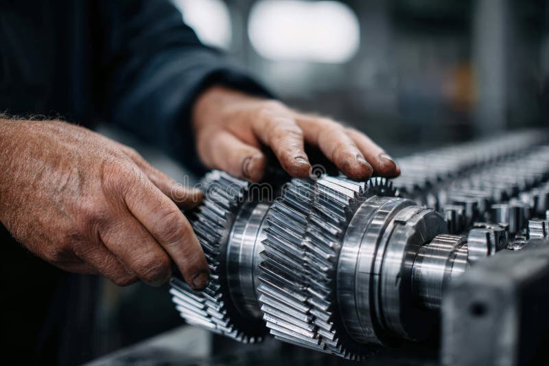 Hands Working on a Gearbox with Precision Gears in a Mechanical ...