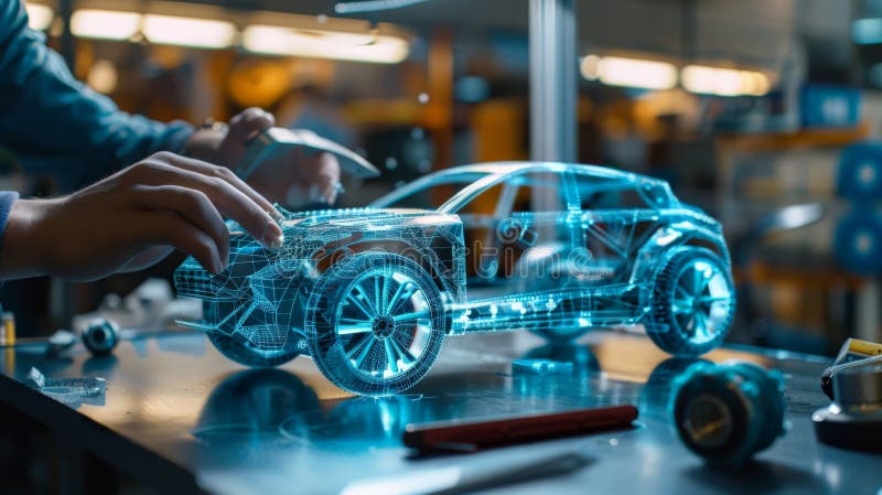 Hands Working on a Holographic Car Model in a High-tech Workshop ...