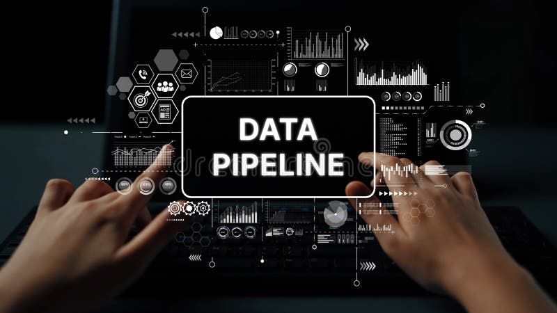 Hands Working on Laptop with Data Pipeline Graphics and Analytics Visualization Concepts ...
