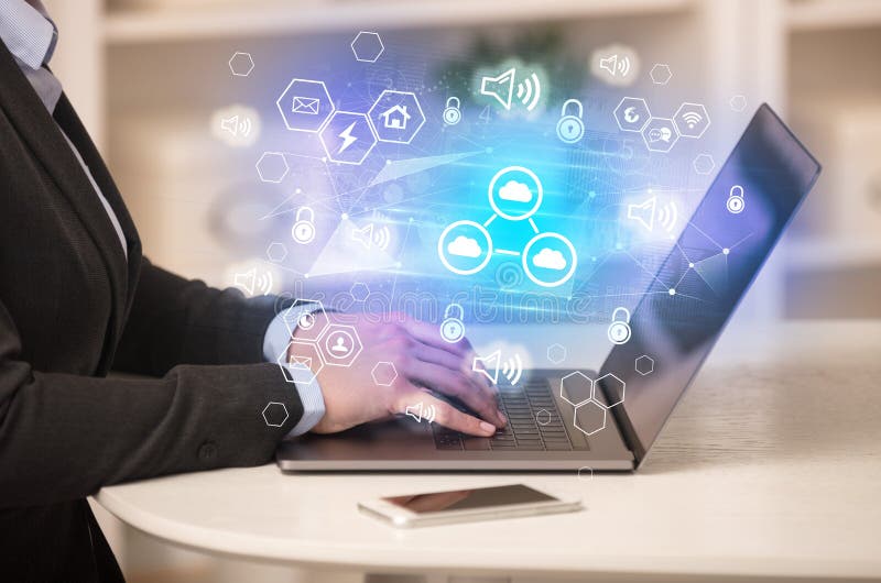 Hands Working on Laptop with Digital Icons Stock Image - Image of ...