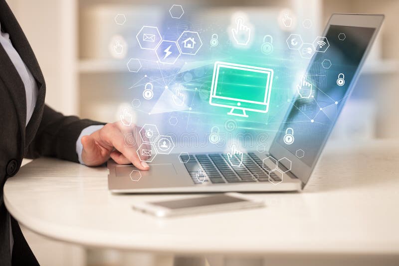 Hands Working on Laptop with Digital Icons Stock Image - Image of ...