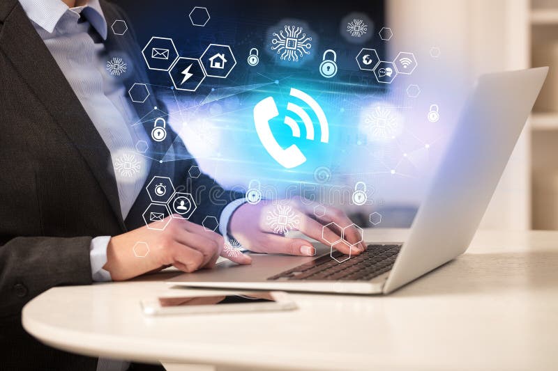 Hands Working on Laptop with Digital Icons Stock Image - Image of ...