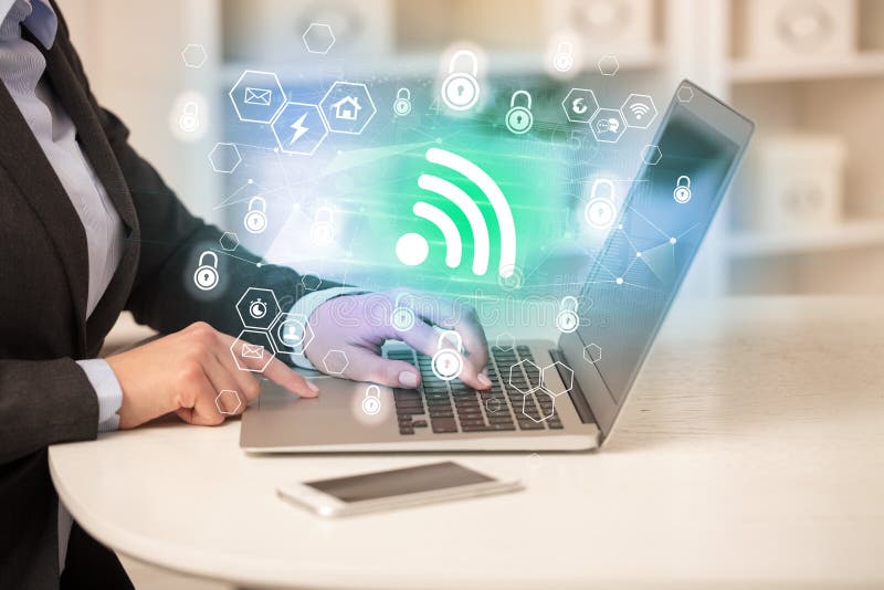 Hands Working on Laptop with Digital Icons Stock Image - Image of ...