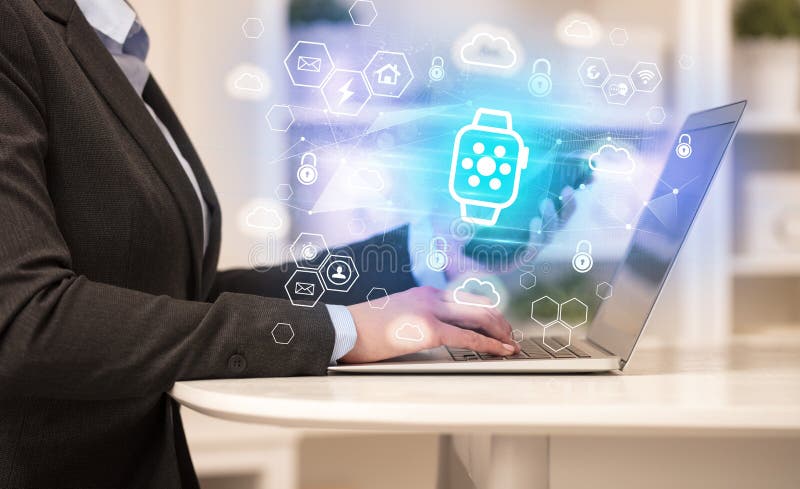 Hands Working on Laptop with Digital Icons Stock Photo - Image of ...