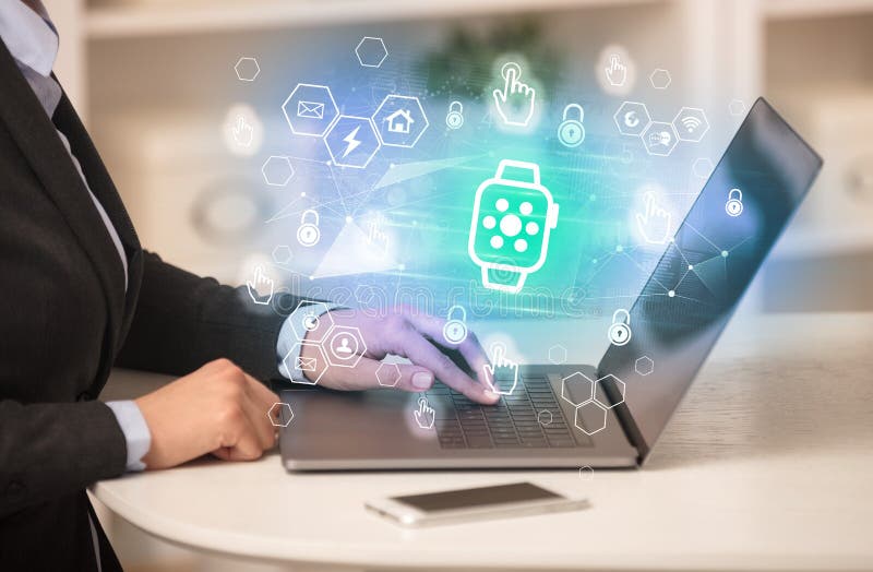 Hands Working on Laptop with Digital Icons Stock Photo - Image of ...