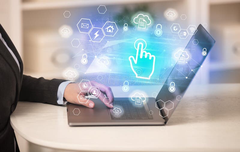 Hands Working on Laptop with Digital Icons Stock Image - Image of ...