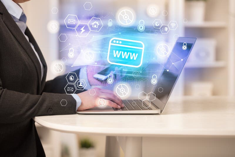 Hands Working on Laptop with Digital Icons Stock Image - Image of ...