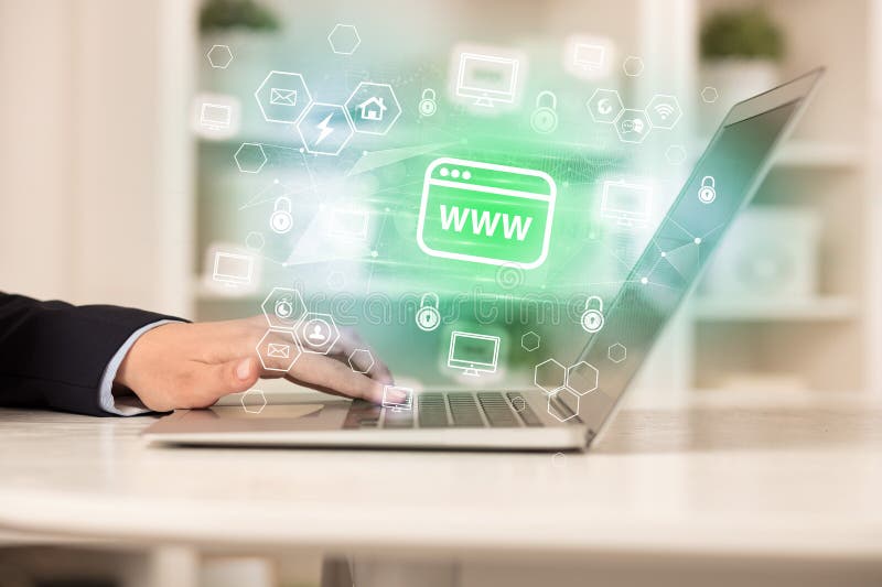 Hands Working on Laptop with Digital Icons Stock Image - Image of ...