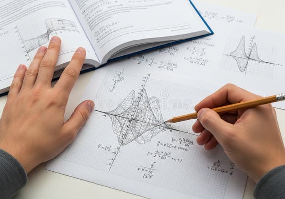 Hands Working on Mathematical Graphs and Equations on Graph Paper. One Hand Holds a Pencil ...