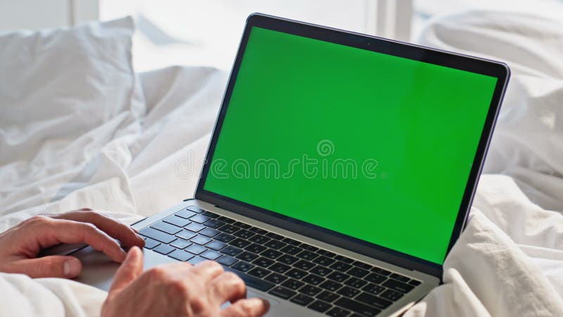 Hands Working Mockup Laptop at Home Morning Closeup. Man Using Computer ...