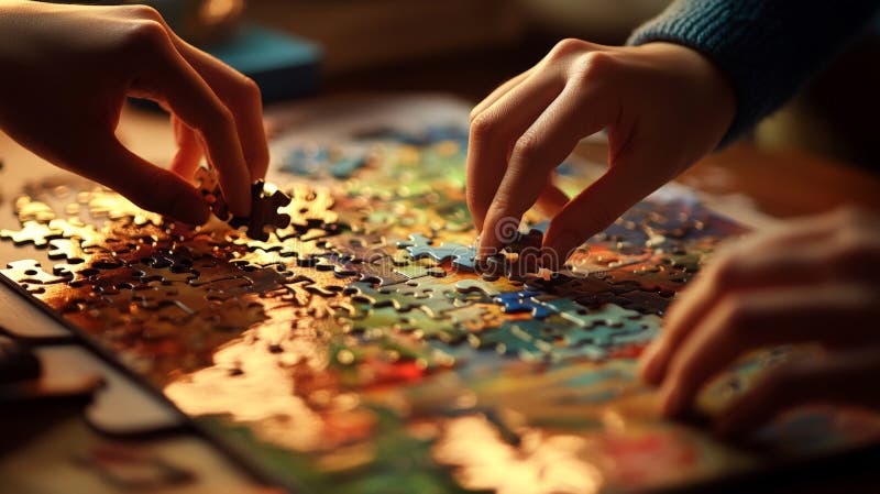 Hands Working on a Puzzle Under Warm Indoor Lighting Stock Photo ...