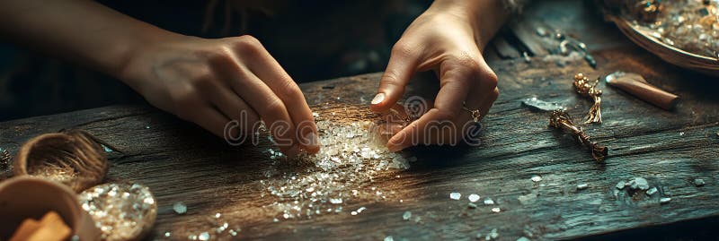 Hands Working with Shiny Objects on Wooden Surface Stock Illustration ...