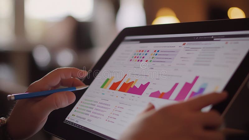 Hands Working on a Tablet with a Stylus, Analyzing Colorful Charts and Graphs Stock Image ...