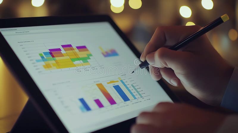 Hands Working on a Tablet with a Stylus, Analyzing Colorful Charts and Graphs Stock Photo ...