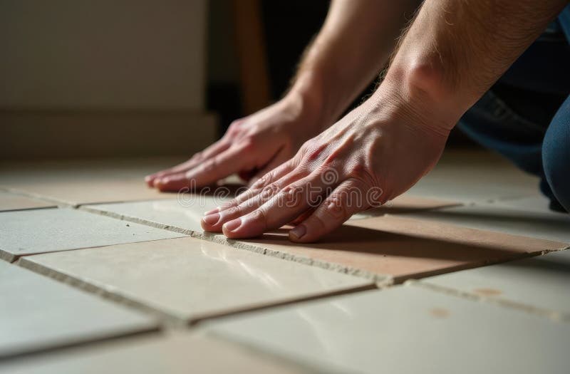 Hands Working on Tile Installation during Apartment Renovation Project ...