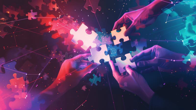 Hands Working Together on a Colorful Puzzle with Network Lines ...