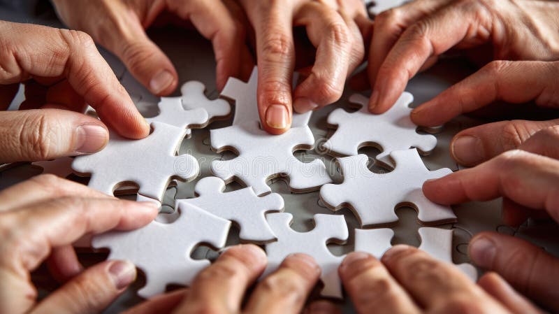 Hands Working Together on a Jigsaw Puzzle. Teamwork and Collaboration ...