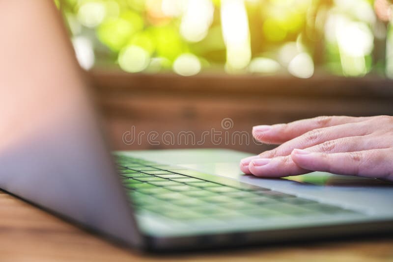 Hands Working and Touching on Laptop Touchpad on the Table Stock Image ...