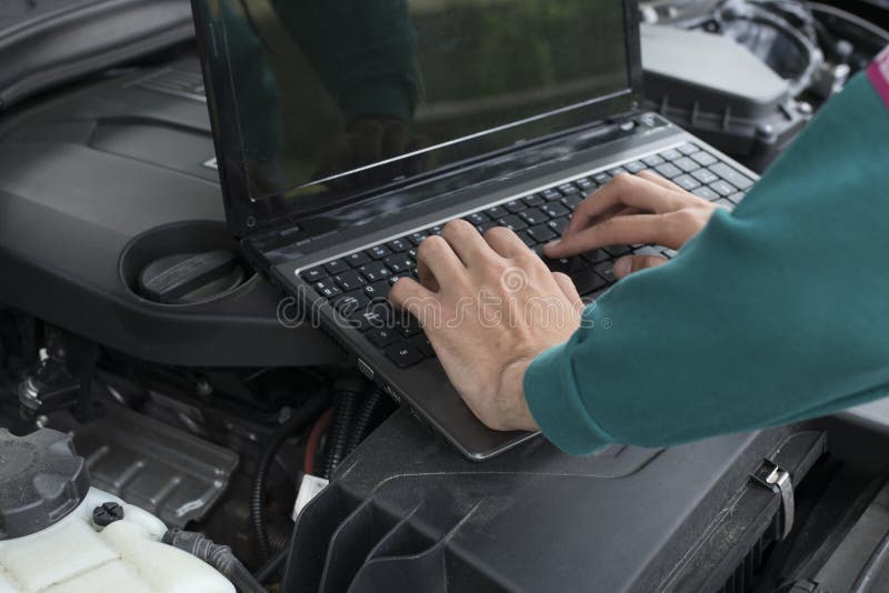 Hands on the Workshop Computer Checking Car Stock Photo - Image of ...