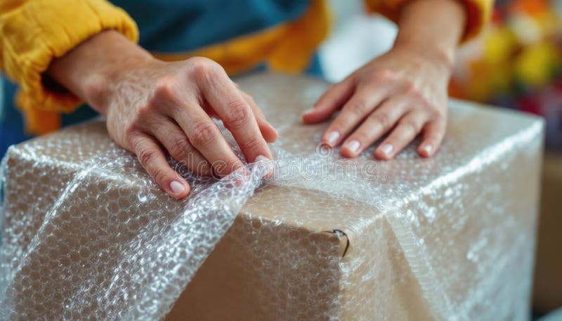 Hands Wrapping Cardboard Box with Bubble Wrap for Protection and ...