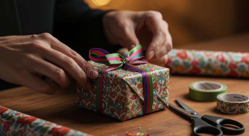 Hands Wrapping a Gift with Colorful Ribbon and Paper Stock Illustration ...