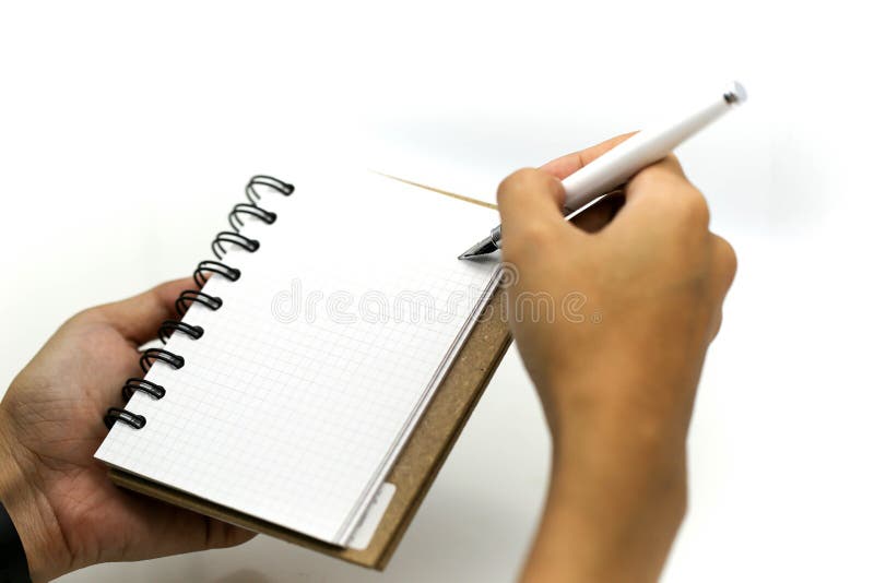 Hands Write Paper Sheet or Notebook and Pen. White Table Stock Photo ...