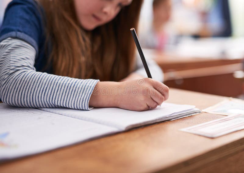 Hands, Writing and Girl in Classroom for Lesson in Growth, Child ...