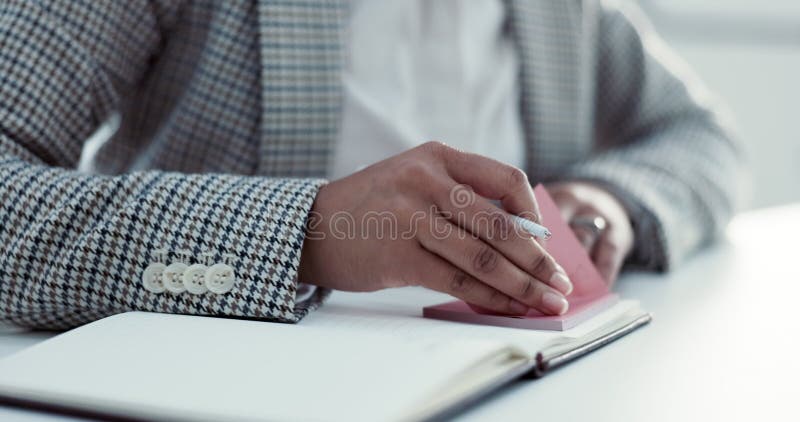 Hands, Writing in a Notebook and Sticky Notes with a Business Person in ...