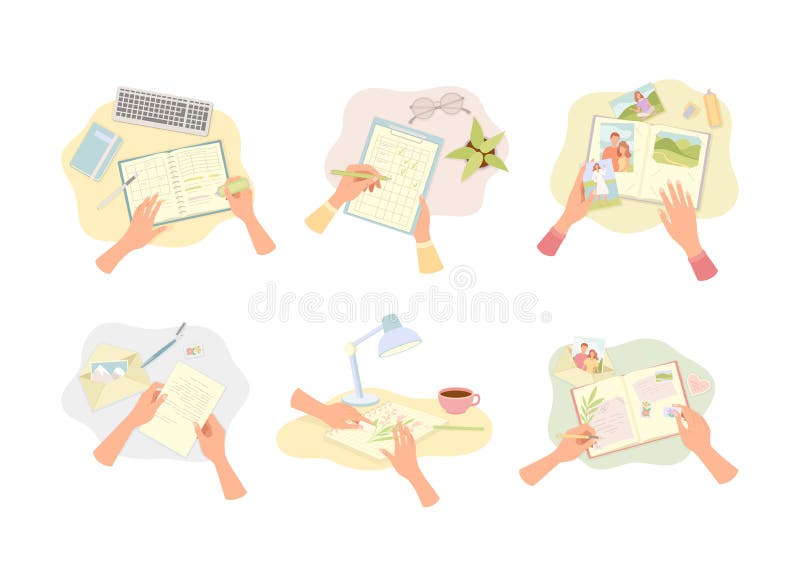 Hands Writing in Notepad and Clipboard on Paper and Drawing Vector Set ...
