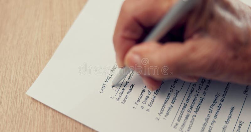 Hands, Writing or Old Person with Will, Contract or Application or ...