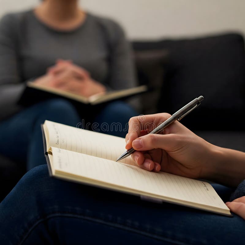 Hands Writing in an Open Notebook with a Silver Pen, Another Person ...