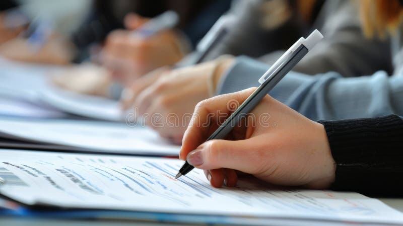 Hands Writing on Paper during a Business Seminar. Represents Learning ...