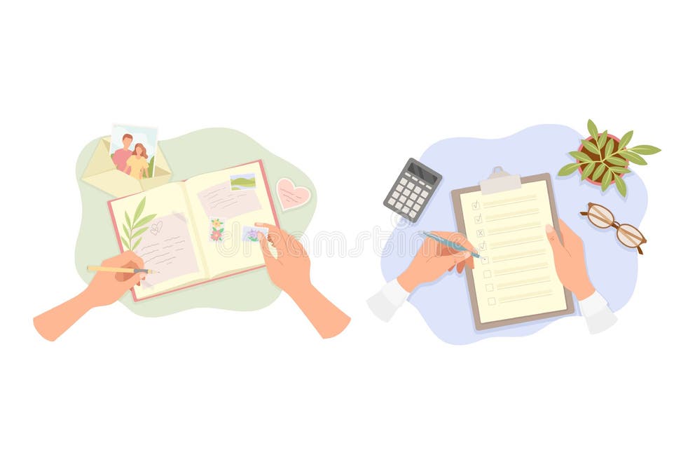 Hands Writing on Paper with Pen and in Diary Vector Set Stock ...